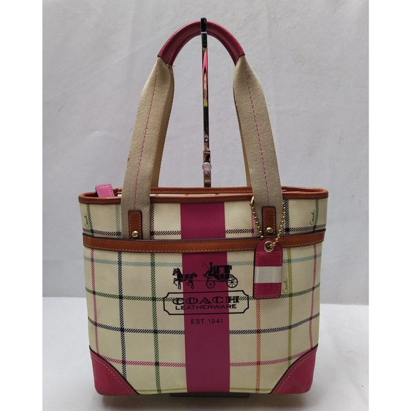 Coach | Bags | Coach Plaid Heritage Multicolor Leather Double Handles ...